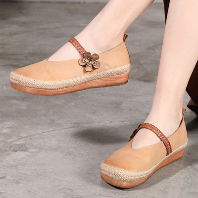 S131 Factory new genuine leather Velcro literary and fresh women's shoes, cotton and linen flower single shoes, wild eth