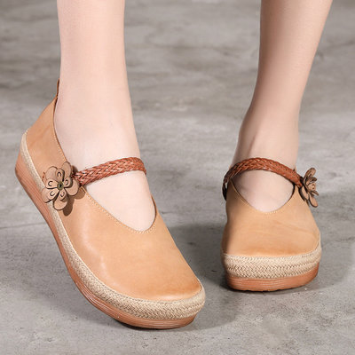 S131 Factory new genuine leather Velcro literary and fresh women's shoes, cotton and linen flower single shoes, wild eth