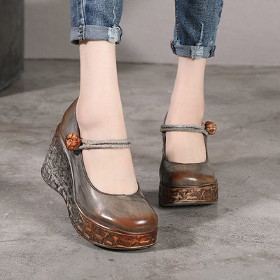 S132 Retro ethnic style gradient color leather platform wedge heel women's shoes
