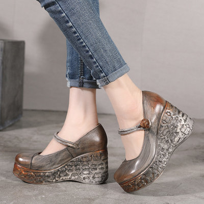 S132 Retro ethnic style gradient color leather platform wedge heel women's shoes