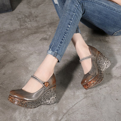S132 Retro ethnic style gradient color leather platform wedge heel women's shoes