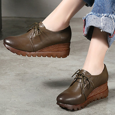 S135 2020 literary ethnic lace-up leather single shoes processing, breathable, soft and increased thick-soled women's sh