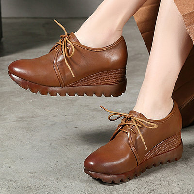S135 2020 literary ethnic lace-up leather single shoes processing, breathable, soft and increased thick-soled women's sh