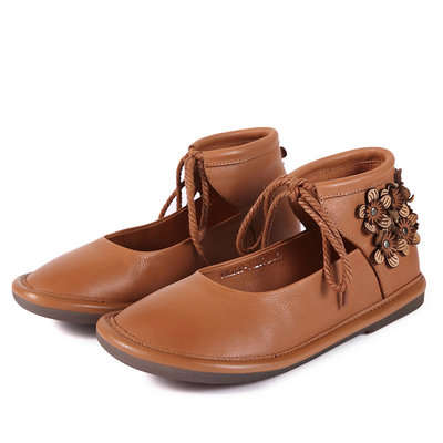 S139 2020 new handmade leather ankle straps fresh forest women's shoes flower retro ethnic style flat shoes