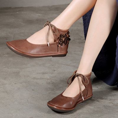 S139 2020 new handmade leather ankle straps fresh forest women's shoes flower retro ethnic style flat shoes