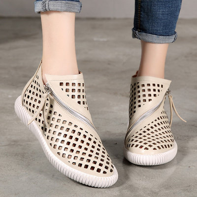 S140 2020 mesh hollow high-top leather round toe women's shoes national zipper flat casual spring shoes factory direct
