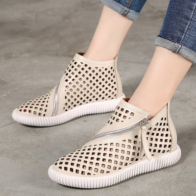 S140 2020 mesh hollow high-top leather round toe women's shoes national zipper flat casual spring shoes factory direct