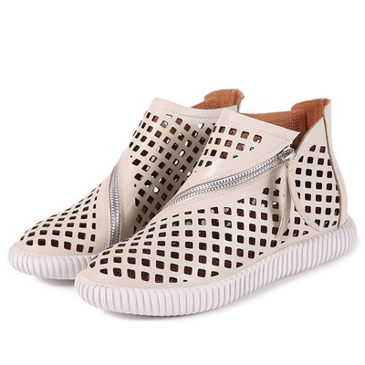 S140 2020 mesh hollow high-top leather round toe women's shoes national zipper flat casual spring shoes factory direct