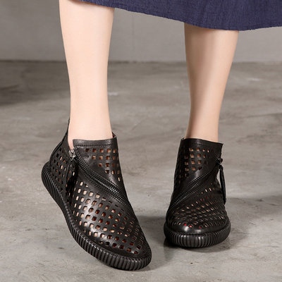 S140 2020 mesh hollow high-top leather round toe women's shoes national zipper flat casual spring shoes factory direct