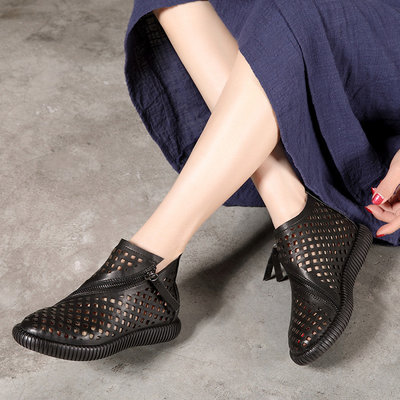 S140 2020 mesh hollow high-top leather round toe women's shoes national zipper flat casual spring shoes factory direct