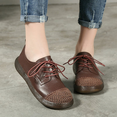 S141 Factory cotton and linen woven round toe leather handmade women's shoes processing lace fashion all-match literary