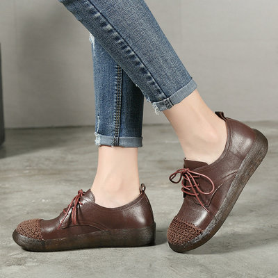 S141 Factory cotton and linen woven round toe leather handmade women's shoes processing lace fashion all-match literary