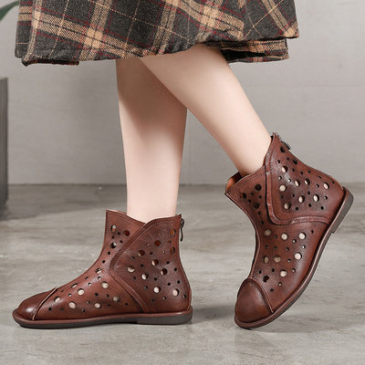 S142 2020 mesh hollow high-top leather round toe women's shoes national zipper flat casual spring shoes factory direct s