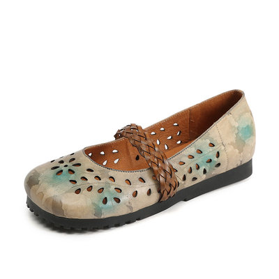 S144 Factory foggy gradient color fairy forest round head hollow single shoes, literary and fresh handmade leather women