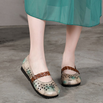 S144 Factory foggy gradient color fairy forest round head hollow single shoes, literary and fresh handmade leather women