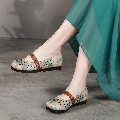 S144 Factory foggy gradient color fairy forest round head hollow single shoes, literary and fresh handmade leather women