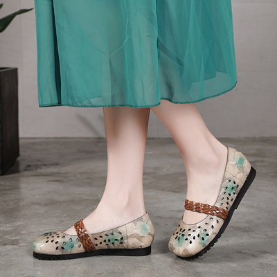 S144 Factory foggy gradient color fairy forest round head hollow single shoes, literary and fresh handmade leather women