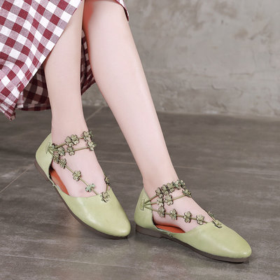 S145 Factory simple pure color sweet flowers small fresh single shoes flat leather handmade art spring women's shoes