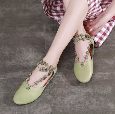 S145 Factory simple pure color sweet flowers small fresh single shoes flat leather handmade art spring women's shoes