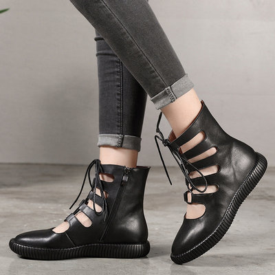 S146 Factory new fashion trend leather lace-up hollow cool boots ethnic style retro handmade Guangzhou spring and summer