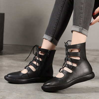 S146 Factory new fashion trend leather lace-up hollow cool boots ethnic style retro handmade Guangzhou spring and summer