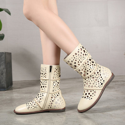 S147 Factory retro literary leather high-top boots Guangzhou women's shoes round toe hollow ethnic wind breathable sanda