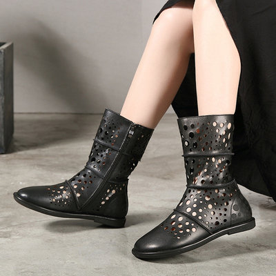 S147 Factory retro literary leather high-top boots Guangzhou women's shoes round toe hollow ethnic wind breathable sanda