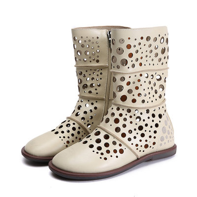 S147 Factory retro literary leather high-top boots Guangzhou women's shoes round toe hollow ethnic wind breathable sanda
