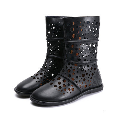 S147 Factory retro literary leather high-top boots Guangzhou women's shoes round toe hollow ethnic wind breathable sanda