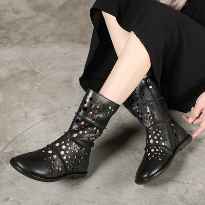 S147 Factory retro literary leather high-top boots Guangzhou women's shoes round toe hollow ethnic wind breathable sanda