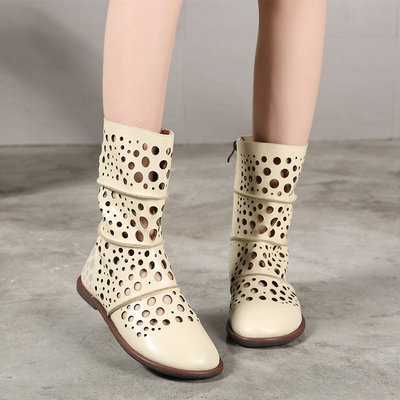 S147 Factory retro literary leather high-top boots Guangzhou women's shoes round toe hollow ethnic wind breathable sanda