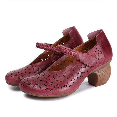 S152 Factory hollow leather special-shaped high heels round head comfortable velcro ethnic retro handmade Guangzhou