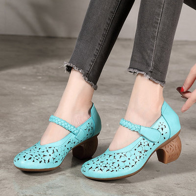 S152 Factory hollow leather special-shaped high heels round head comfortable velcro ethnic retro handmade Guangzhou