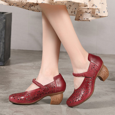 S152 Factory hollow leather special-shaped high heels round head comfortable velcro ethnic retro handmade Guangzhou
