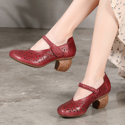 S152 Factory hollow leather special-shaped high heels round head comfortable velcro ethnic retro handmade Guangzhou