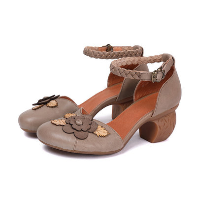 S156 2020 new round head layer cowhide retro ethnic flower women's shoes literary and elegant leather high heels autumn