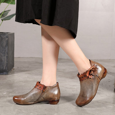 S158 Factory autumn and winter new retro ethnic style polished color flower short boots flat handmade leather women's