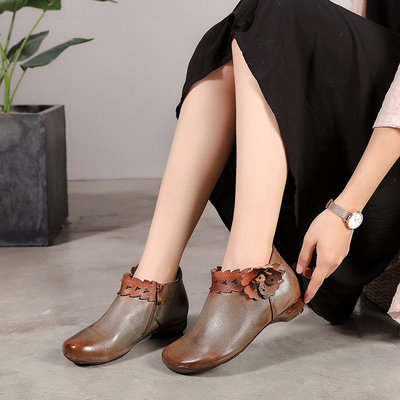 S158 Factory autumn and winter new retro ethnic style polished color flower short boots flat handmade leather women's