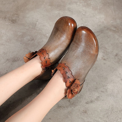 S158 Factory autumn and winter new retro ethnic style polished color flower short boots flat handmade leather women's