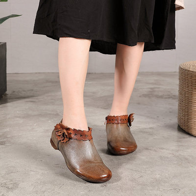 S158 Factory autumn and winter new retro ethnic style polished color flower short boots flat handmade leather women's