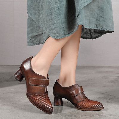 S162 Factory autumn and winter new pointed toe woven leather handmade women's shoes fashion all-match Sen style literary