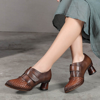S162 Factory autumn and winter new pointed toe woven leather handmade women's shoes fashion all-match Sen style literary