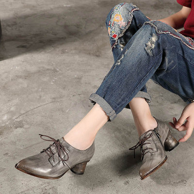 S163 Factory retro oil wax leather autumn and winter new high heels temperament wild fashion handmade ethnic style women