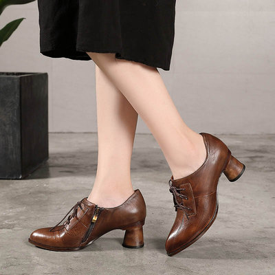 S163 Factory retro oil wax leather autumn and winter new high heels temperament wild fashion handmade ethnic style women