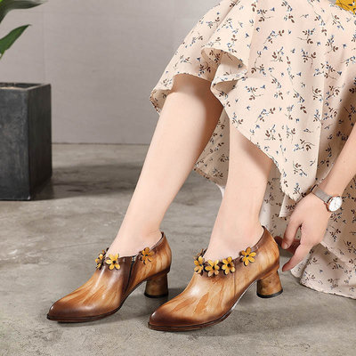 S165 Factory genuine leather handmade original pointed high heel women's shoes 2019 autumn and winter new literary flowe