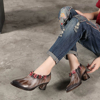 S165 Factory genuine leather handmade original pointed high heel women's shoes 2019 autumn and winter new literary flowe