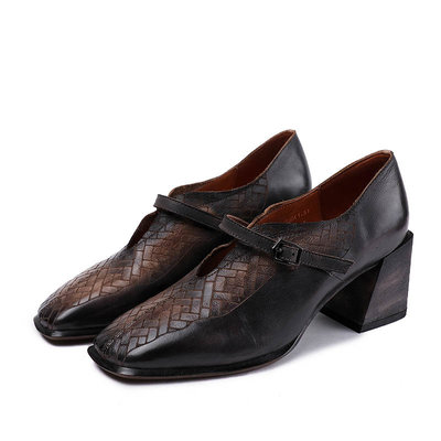 S166 2020 autumn and winter square toe thick heel handmade original leather high heels literary forest women's retro