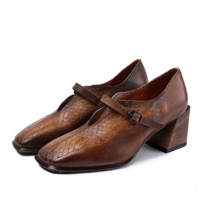 S166 2020 autumn and winter square toe thick heel handmade original leather high heels literary forest women's retro