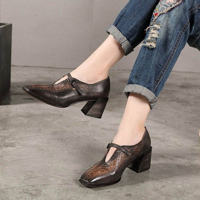 S166 2020 autumn and winter square toe thick heel handmade original leather high heels literary forest women's retro