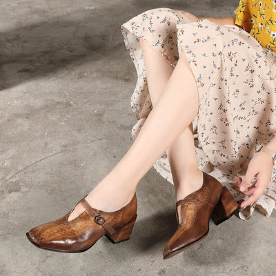 S166 2020 autumn and winter square toe thick heel handmade original leather high heels literary forest women's retro